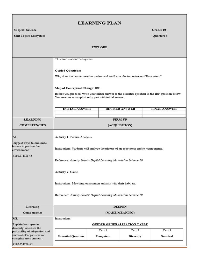 Learning-Plan-G10Q3-U4 - DONE | PDF | Ecosystem | Ecology