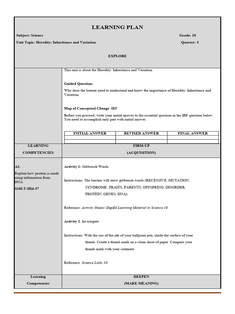 Learning-Plan-G10Q3-U2 - DONE | PDF | Genetic Disorder | Heredity