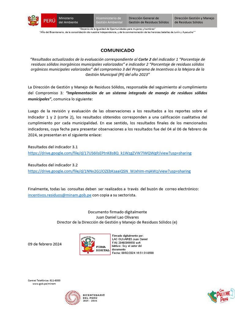 Comunicado Corte 2 Indicador 1 y 2 Actualizados (R) | Descargar gratis PDF | Residuos