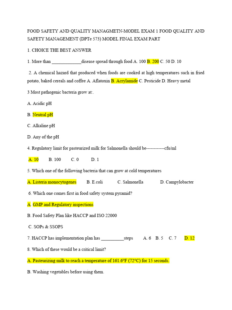 Food Safety and Quality Managmetn Model Exam | PDF | Food Safety ...