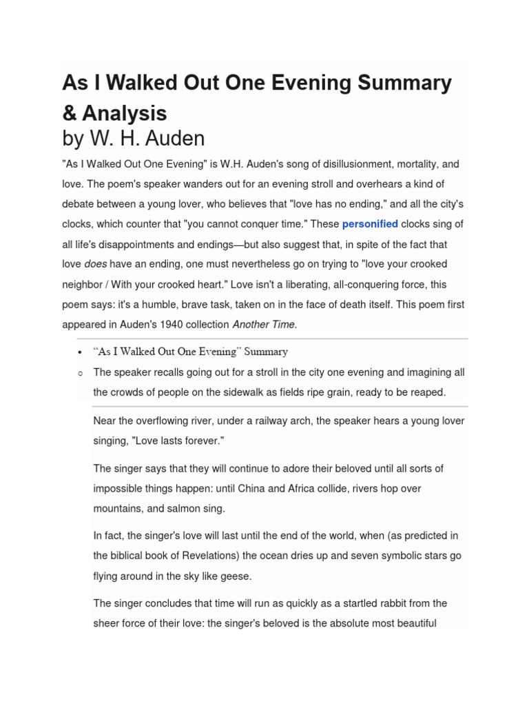 Auden's "As I Walked Out One Evening" Analysis | PDF | Classics