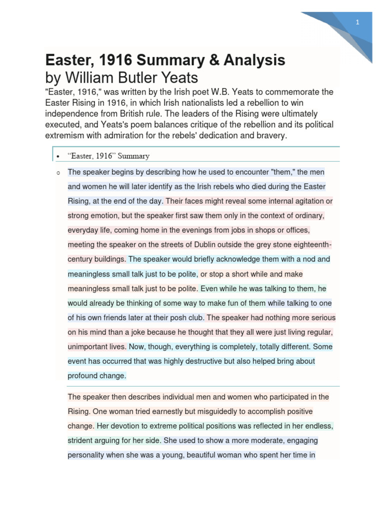 Easter, 1916 Summary by WB Yeats | PDF | W. B. Yeats