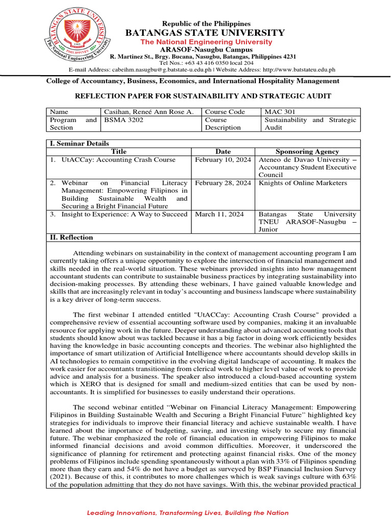 Reflection Paper BSMA 3202 CASIHAN RARA | PDF | Financial Literacy | Sustainability