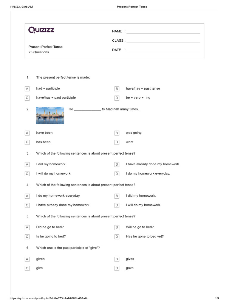 Present Perfect Tense Quiz | PDF | Perfect (Grammar) | Verb