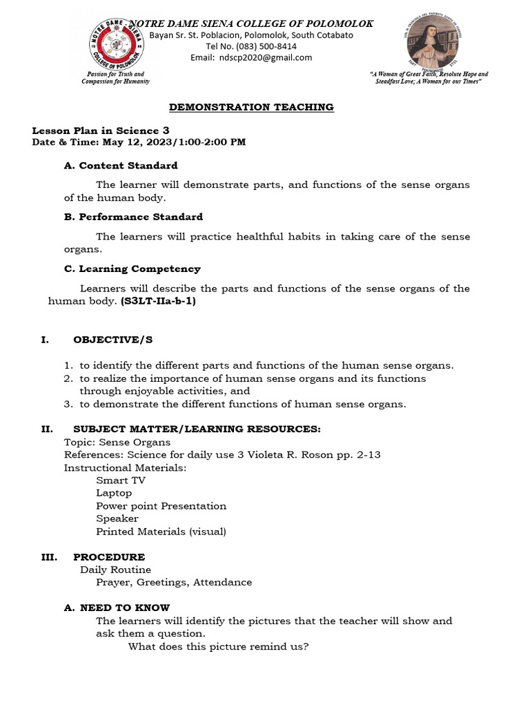 Lesson Plan Science 3 | Download Free PDF | Senses | Perception