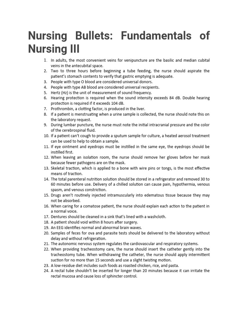 Fundamentals of Nursing 3 Bullets | PDF | Vein | Calorie
