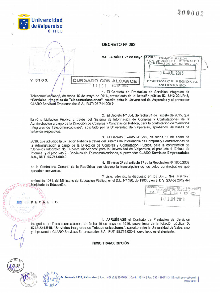 2016-07-05 Decreto 263 Aprueba Contrato Claro 95.714.000-9 TR | PDF