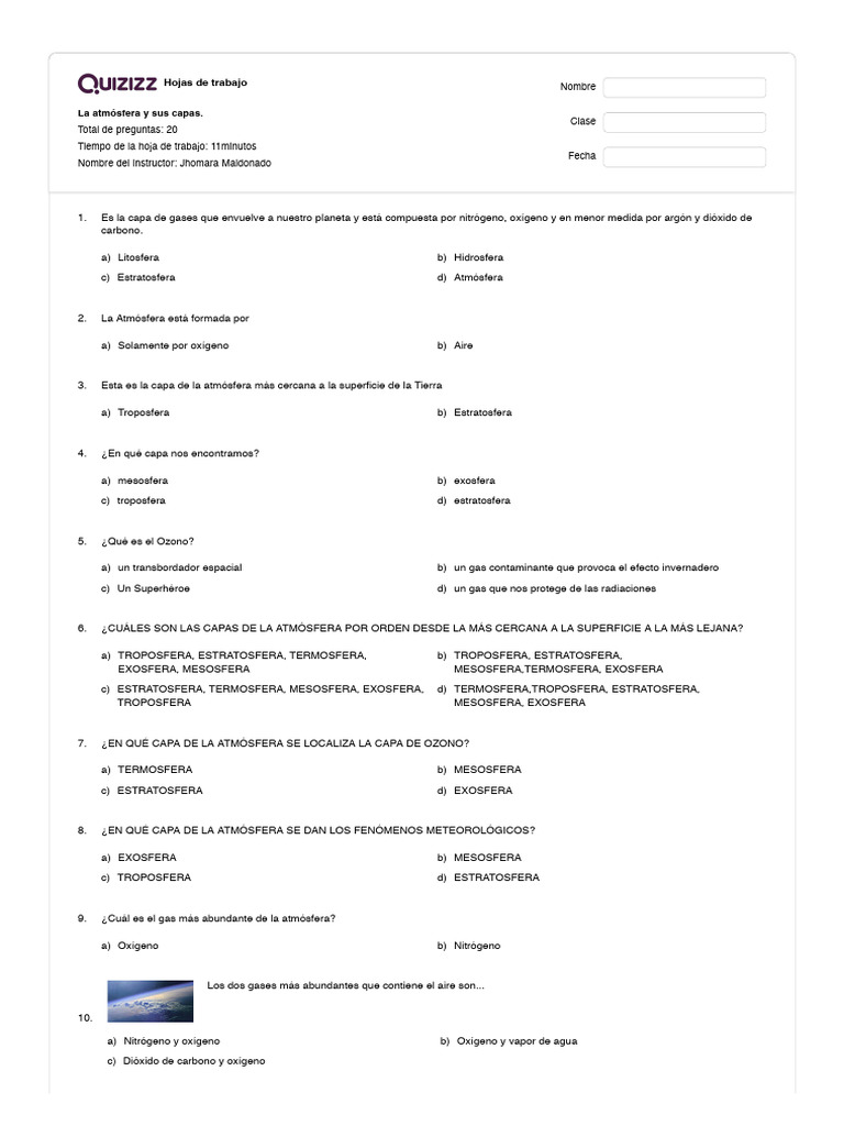 Hojas de Trabajo sobre la Atmósfera | PDF | Atmósfera | Atmósfera de tierra