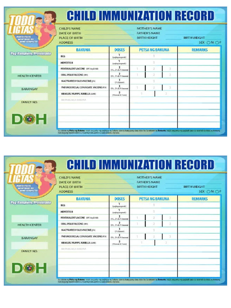 Doh Imuunization Card | PDF