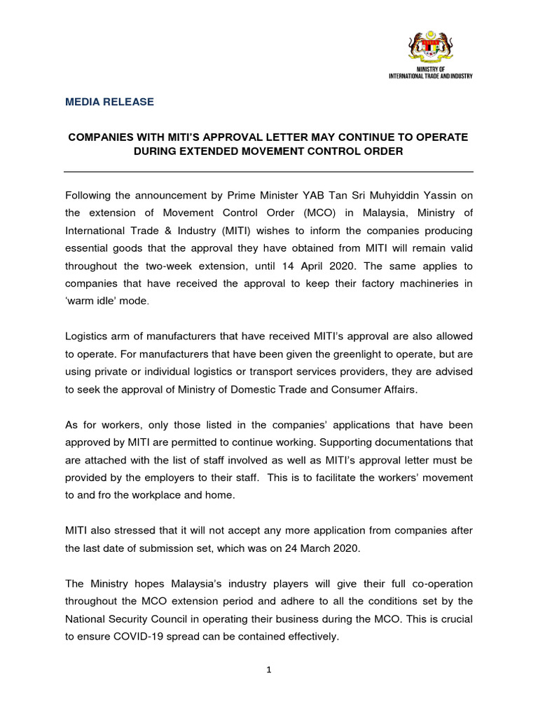 Companies With Miti's Approval Letter May Continue To Operate During ...