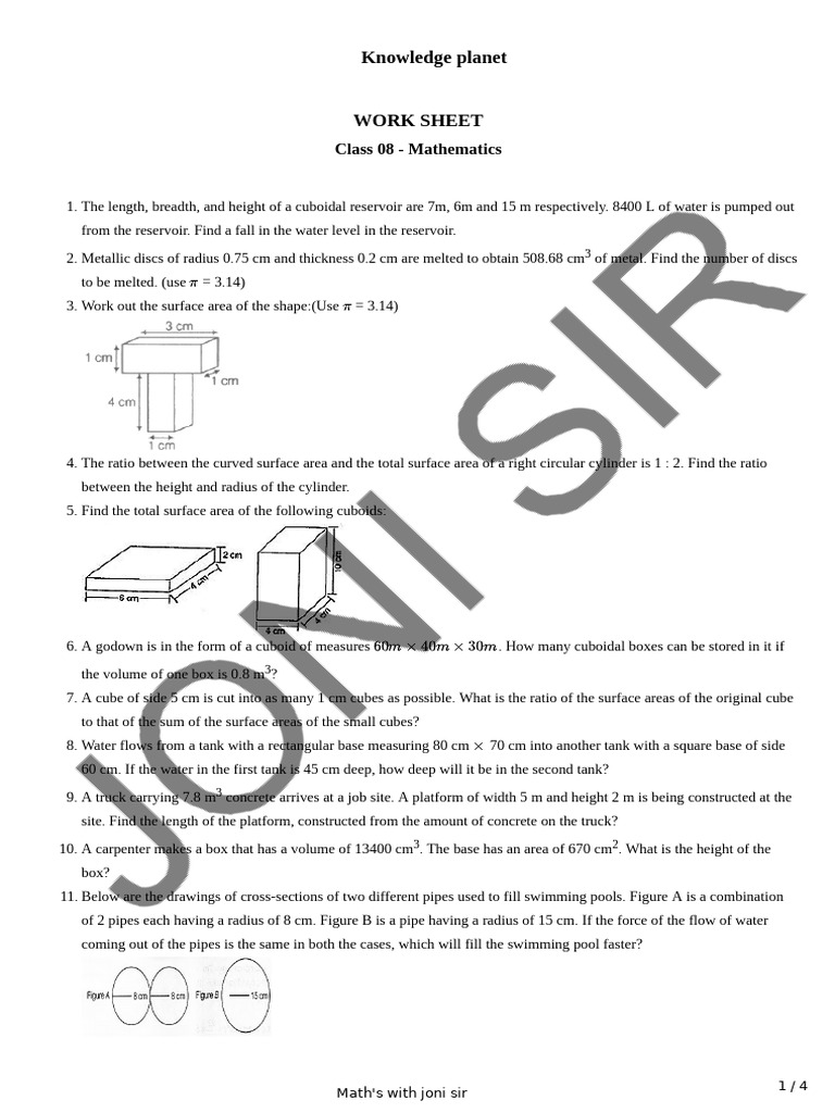 Class 8 Maths Worksheet | PDF | Area | Volume