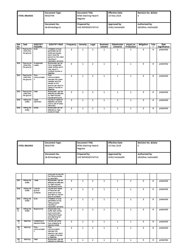 Billet Section Hazard Register | PDF | Hazards | Burn