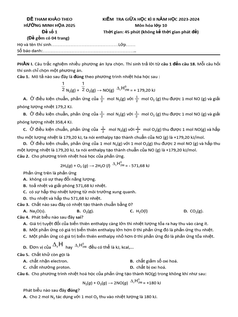 ĐỀ 1 - ÔN TẬP THAM KHẢO HÓA 10-GK2- THEO HƯỚNG MINH HỌA 2025 | PDF