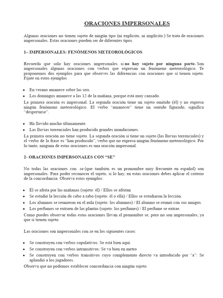 Oraciones Impersonales en Español | PDF | Asunto (gramática) | Verbo
