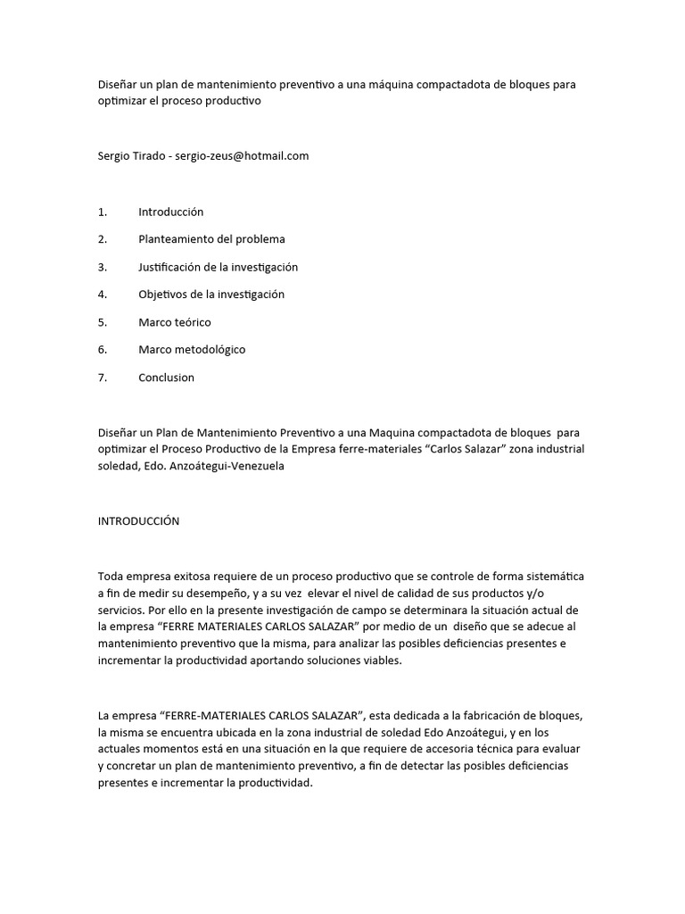 Dise - Ar Un Plan de Mantenimiento Preventivo A Una M - Quina Compactadota de Bloques para ...