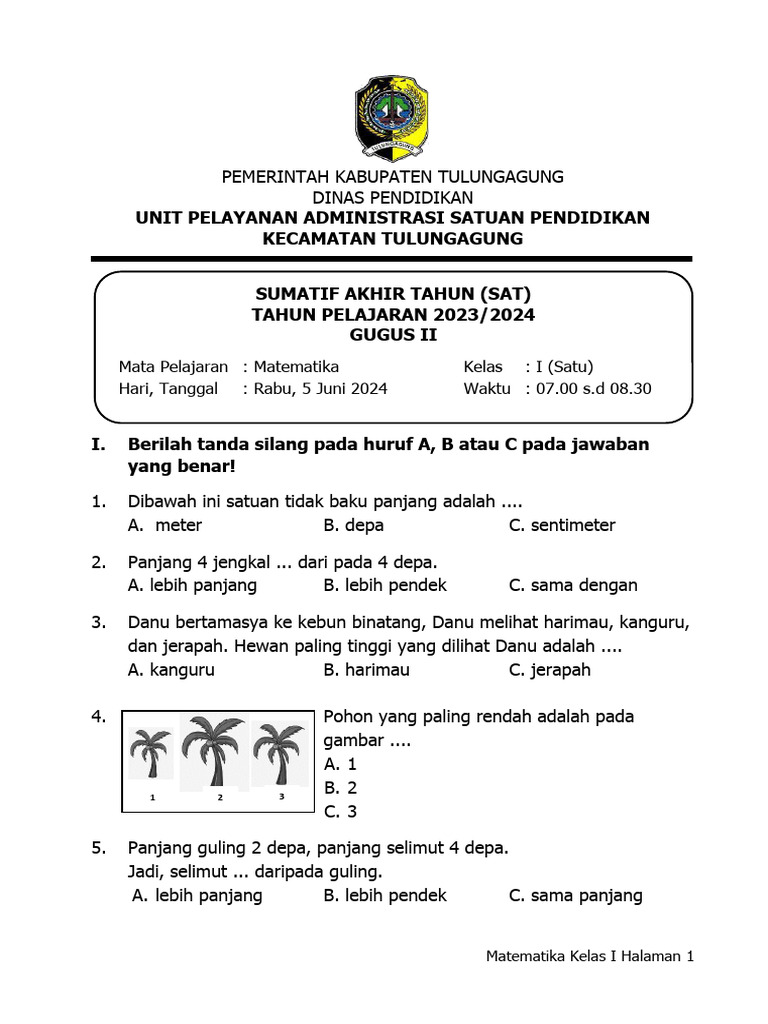 1.2 Soal Matematika Sat - Kelas 1 Semester 2 - 2023-2024 | PDF | Griya & Taman | Seni