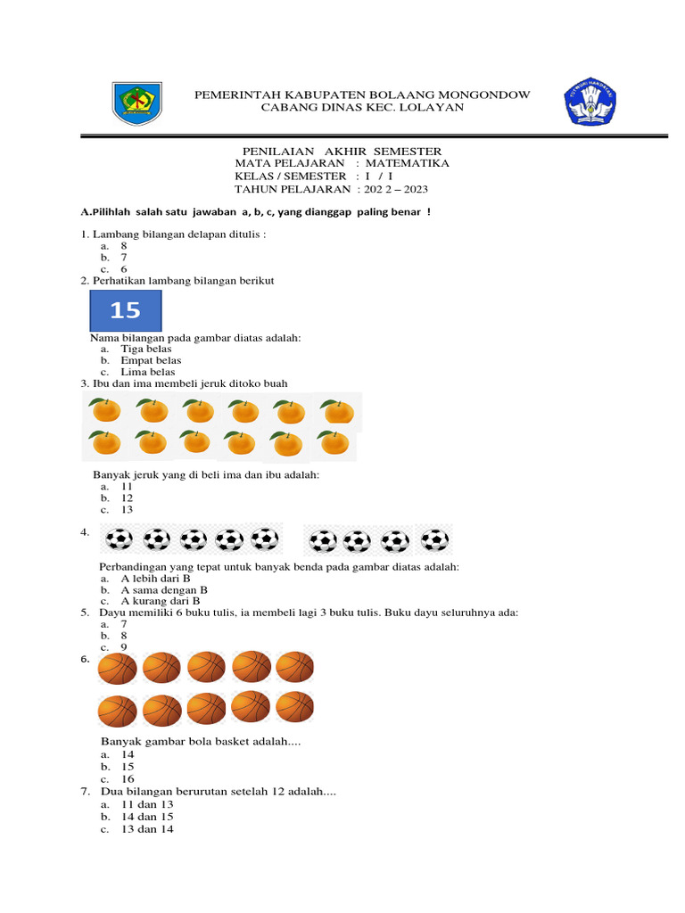 Soal Uas Matematika KLS 1 2022-2023 | PDF