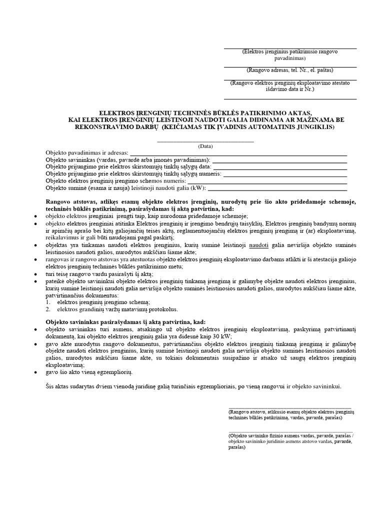 Elektros Irenginiu Technines Bukles Patikrinimo Aktas Kai Elektros ...