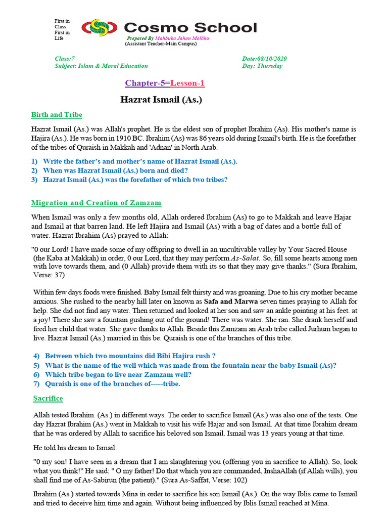 Lecture & Worksheet of Chapter 5, Lesson 1 | PDF | Ishmael | Abrahamic ...