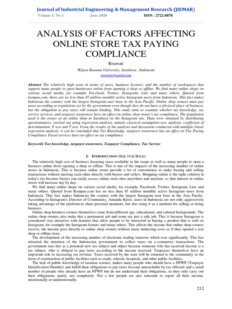 Analaysis of Factors Affecting Online Stor Tax Paying Compliance | PDF | Regression Analysis | Taxes