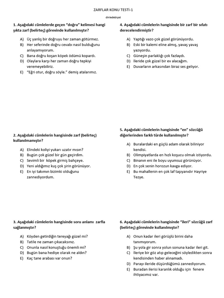 Zarflar Konu Testi - 1 | PDF
