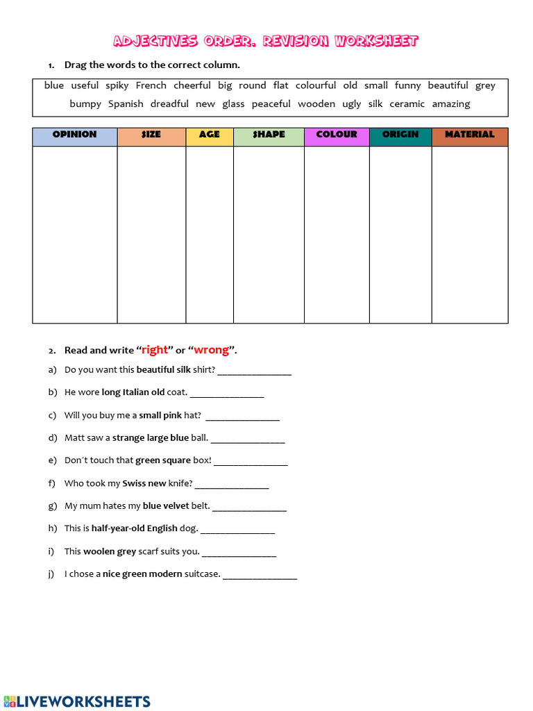 Adjective Order Practice Worksheet | PDF | Home & Garden