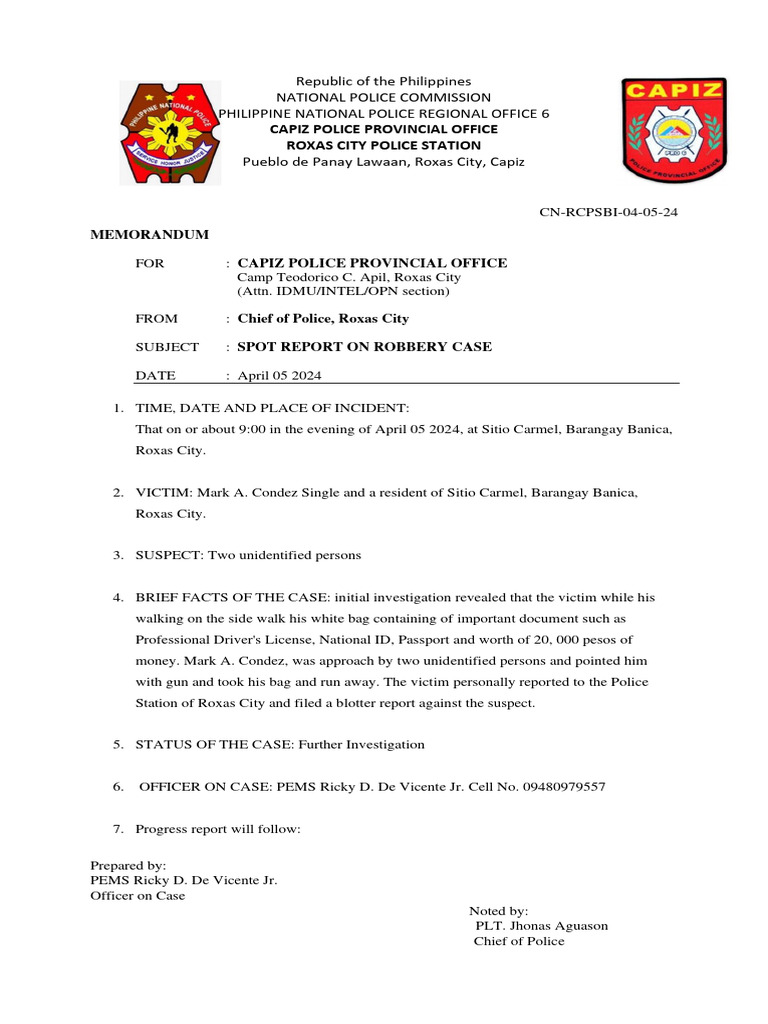 Roxas City Robbery Case Report | PDF | Affidavit | Prosecutor
