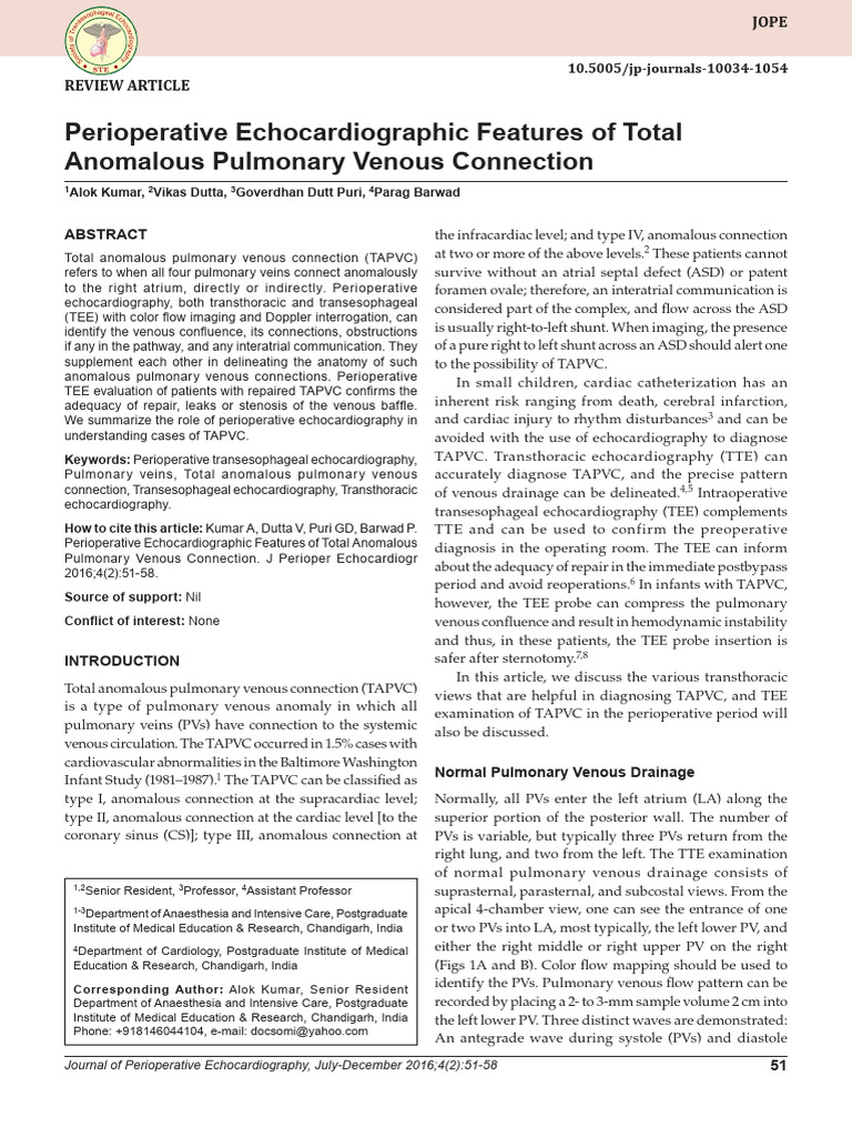 Perioperative Echocardiographic Features of Total Anomalous Pulmonar ...
