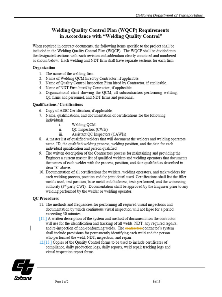 Welding Quality Control Plan Requirements | PDF | Nondestructive ...