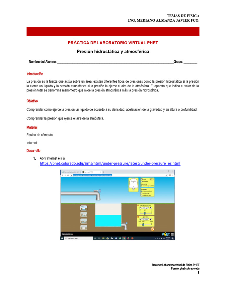 Laboratorio Virtual de Presion Hidrostatica | PDF | Presión | Medida de presión