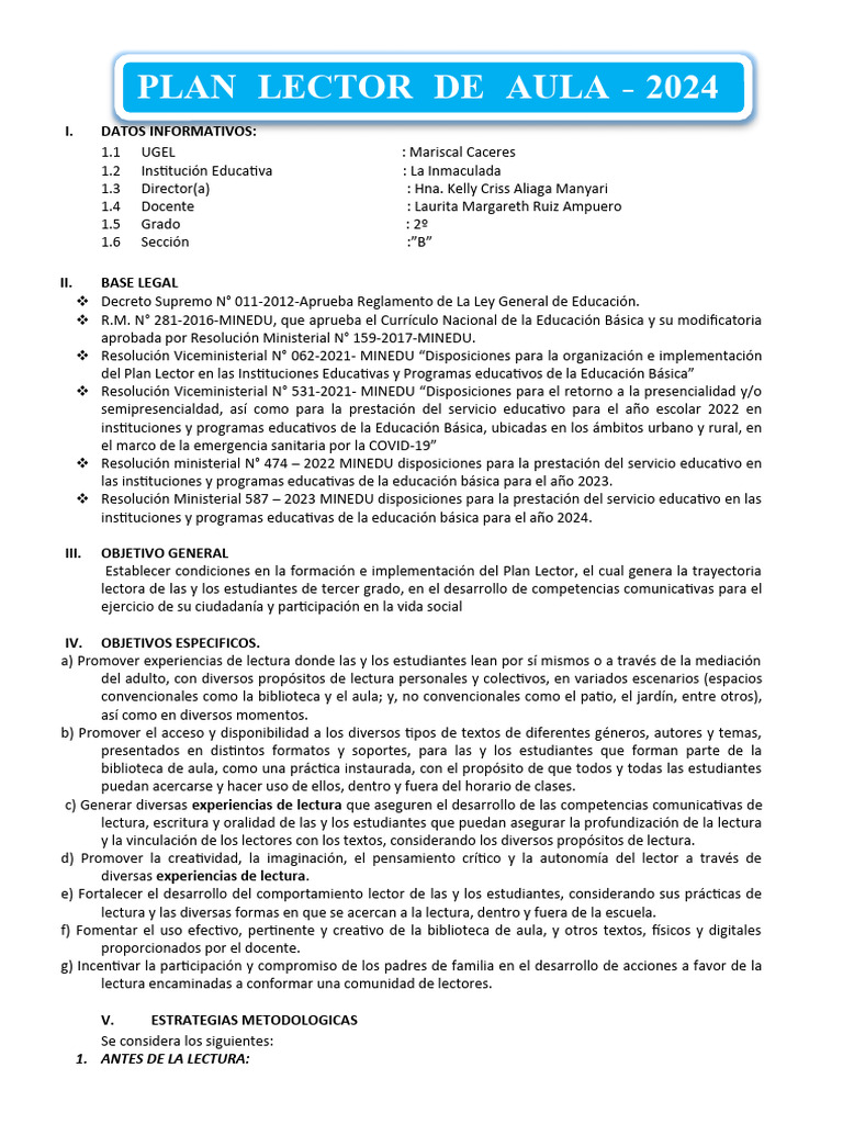 Plan Lector 2do Grado 2024 | PDF | Salón de clases | Maestros