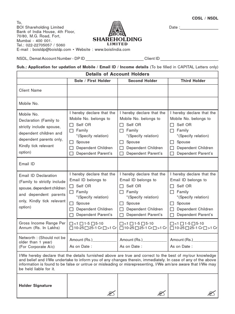 BOI Email ID Update Application Form | PDF