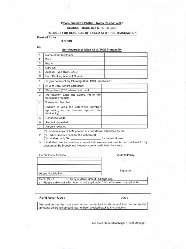 App Form For ATM Charge-Back Claim in English and Hindi Language | PDF