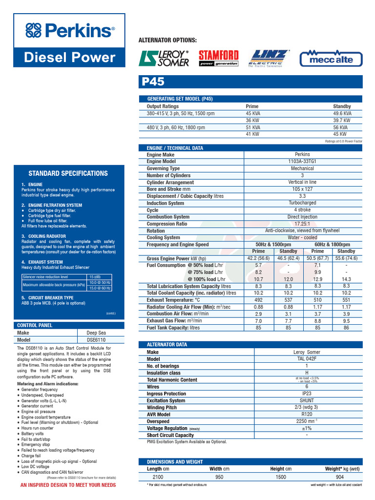 Standard Specifications: Alternator Options | PDF | Engines | Diesel Engine