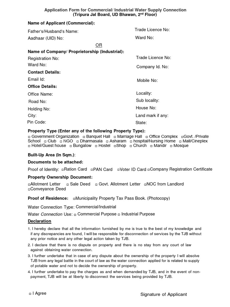 Application Form For Commercial Industrial Water Supply Connection ...