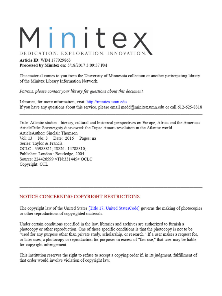 Thomson (2016) Tupac Amaru Revolution in The Atlantic World, Atlantic ...