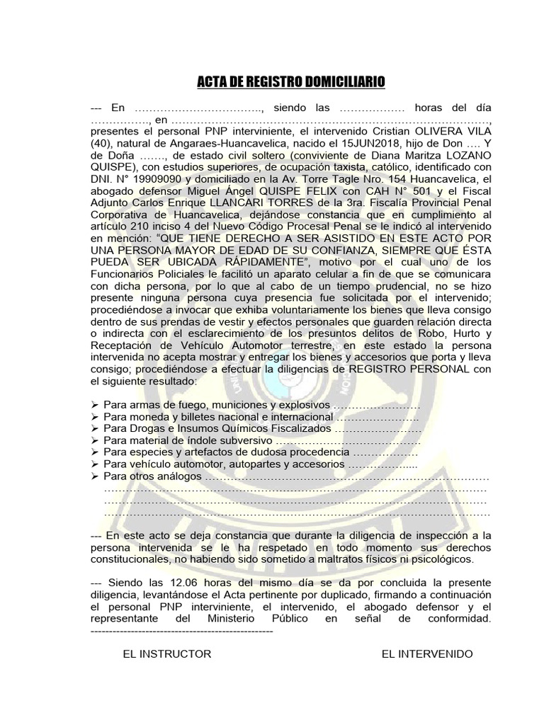 Acta de Registro Domiciliario | PDF | Crímenes | Crimen y violencia