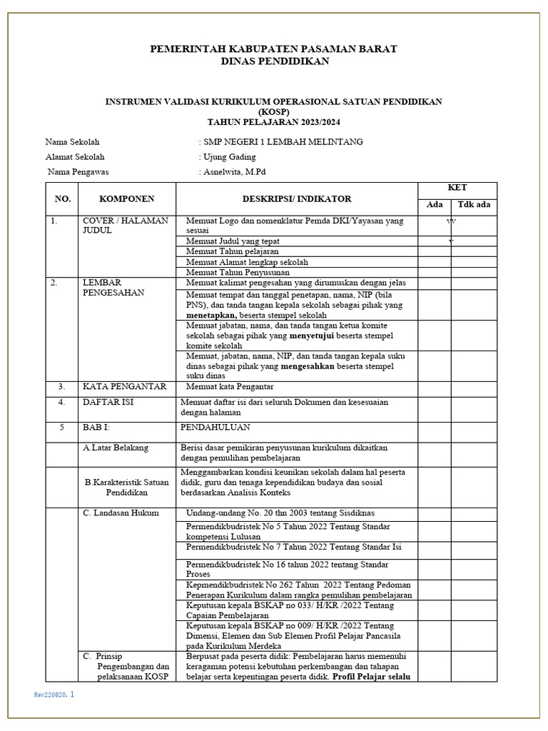 Instrumen Verifikasi Kosp 2022 | PDF