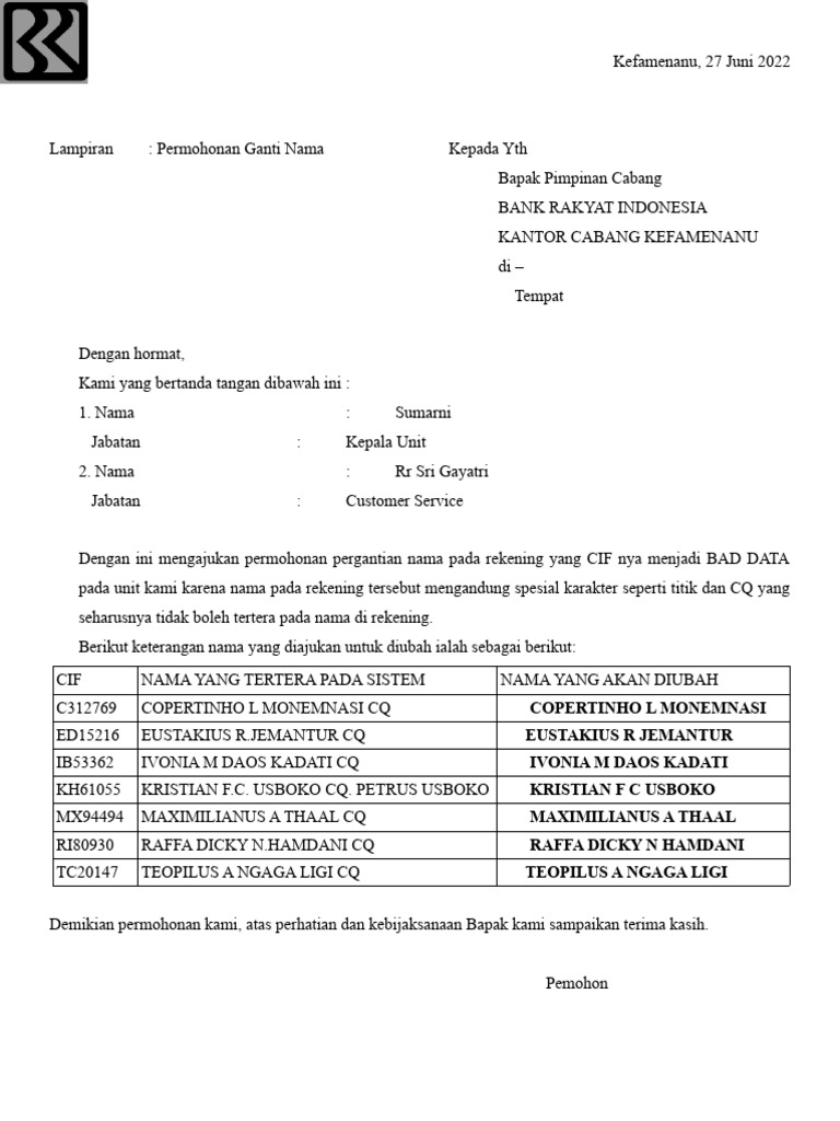 Permohonan Ganti Nama Bad Data | PDF