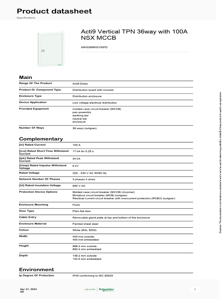Schneider Electric - Acti9-Disbo - A9H336MNS100FD | PDF | Alternating ...