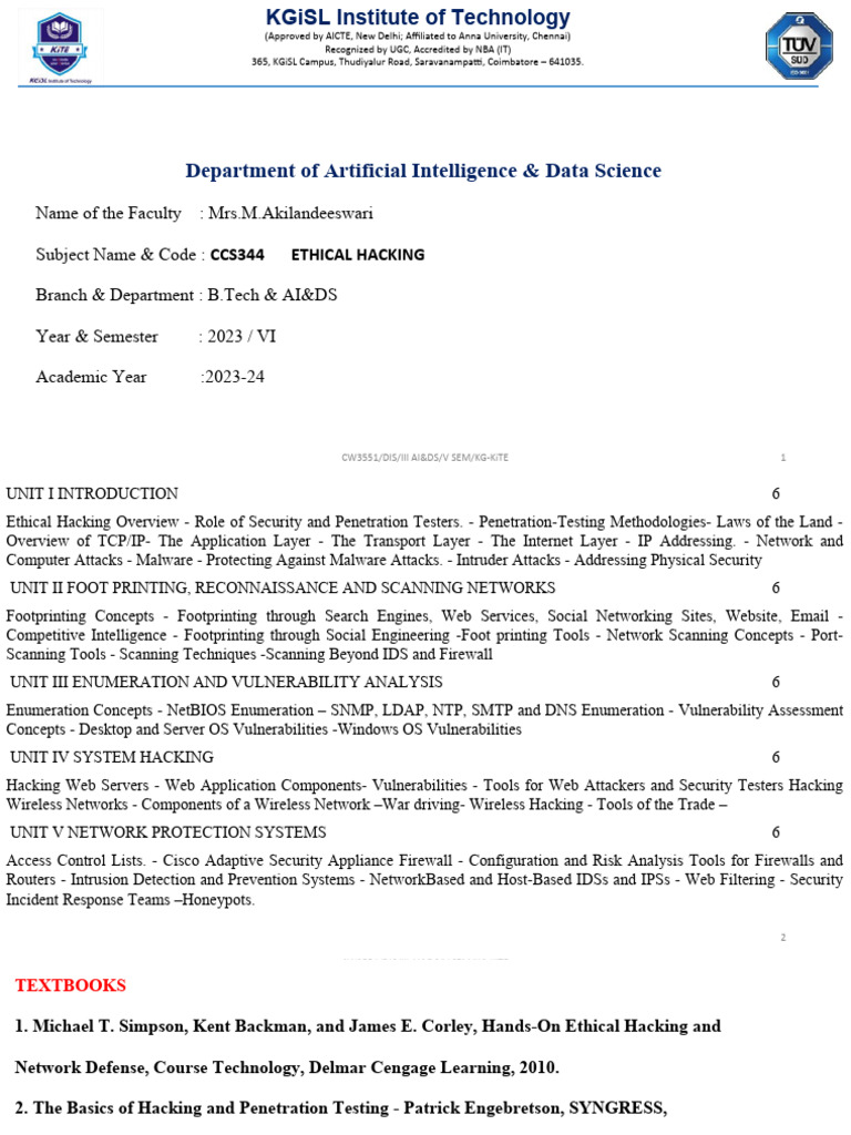 Name of The Faculty: Mrs.M.Akilandeeswari Subject Name & Code: Branch & Department: B.Tech & AI ...