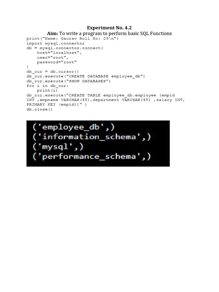 Experiment No. 4.2 Aim: To Write A Program To Perform Basic SQL Functions | PDF