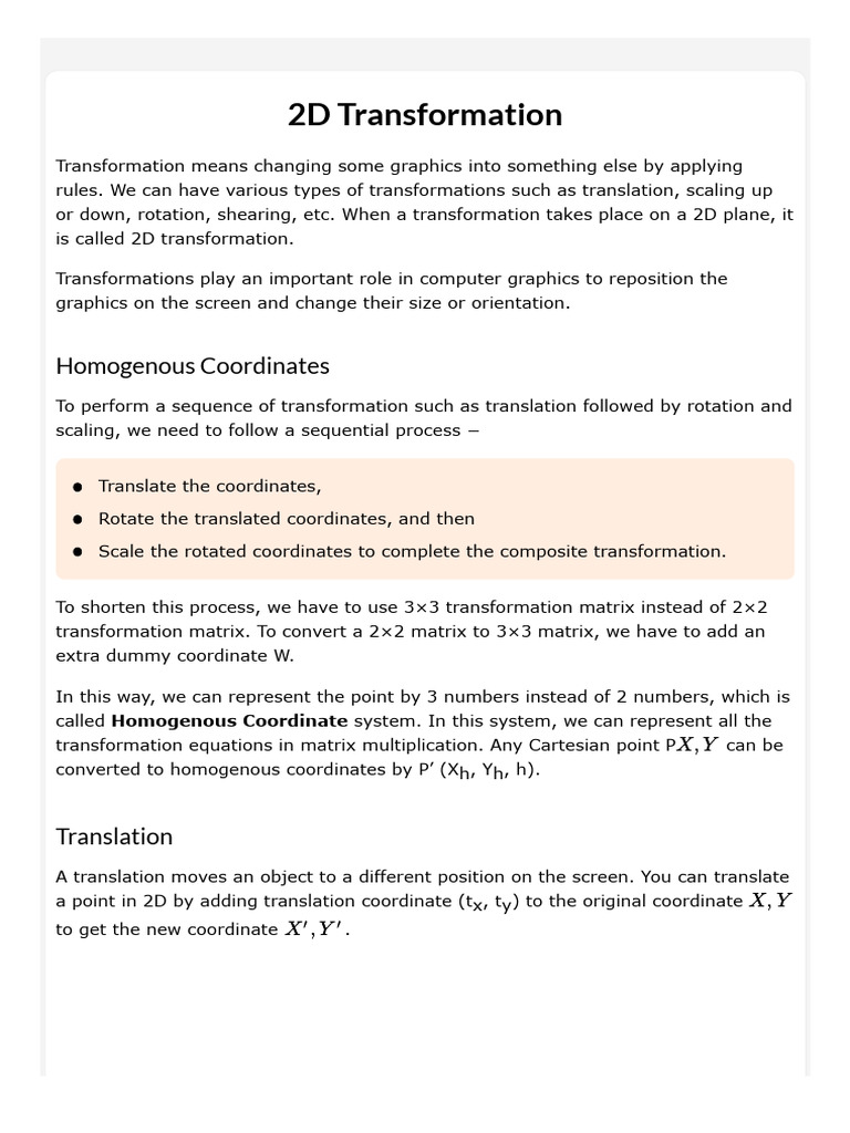 2d Transformation Pdf 2 D Computer Graphics Cartesian Coordinate System 