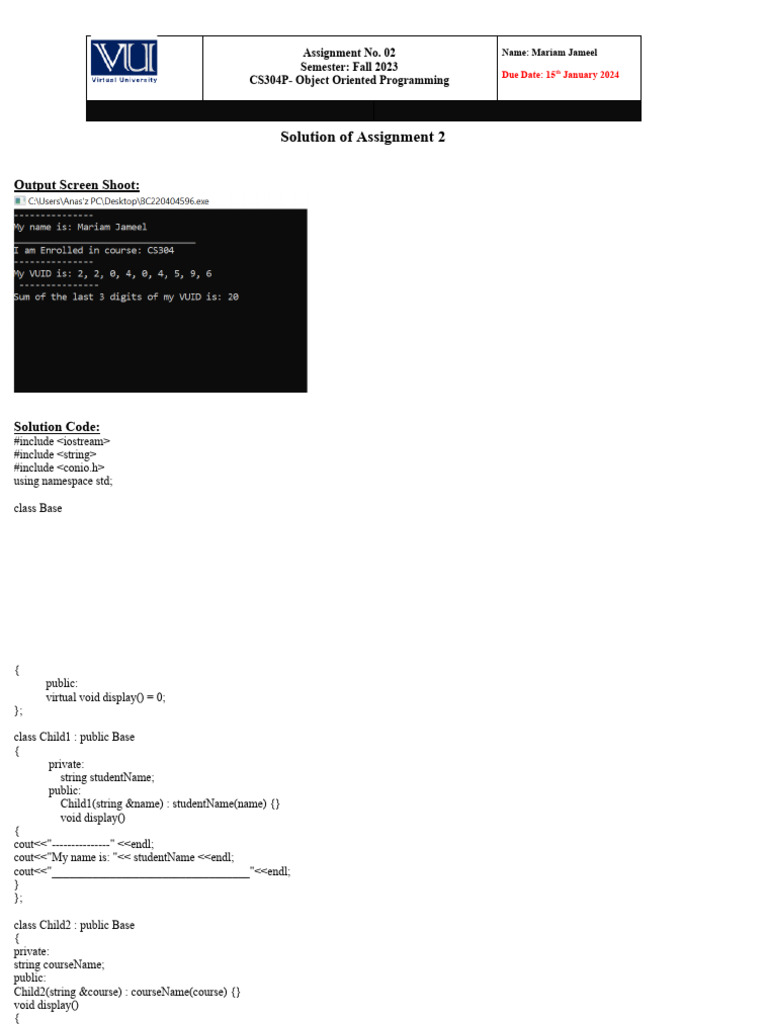 OOP Assignment 2 Solution Code | PDF