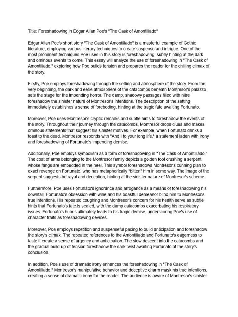 Foreshadowing in Edgar Allan Poe's - The Cask of Amontillado | PDF