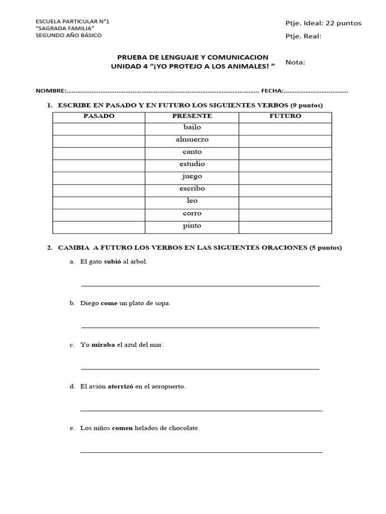 Prueba de Lenguaje Verbos | PDF