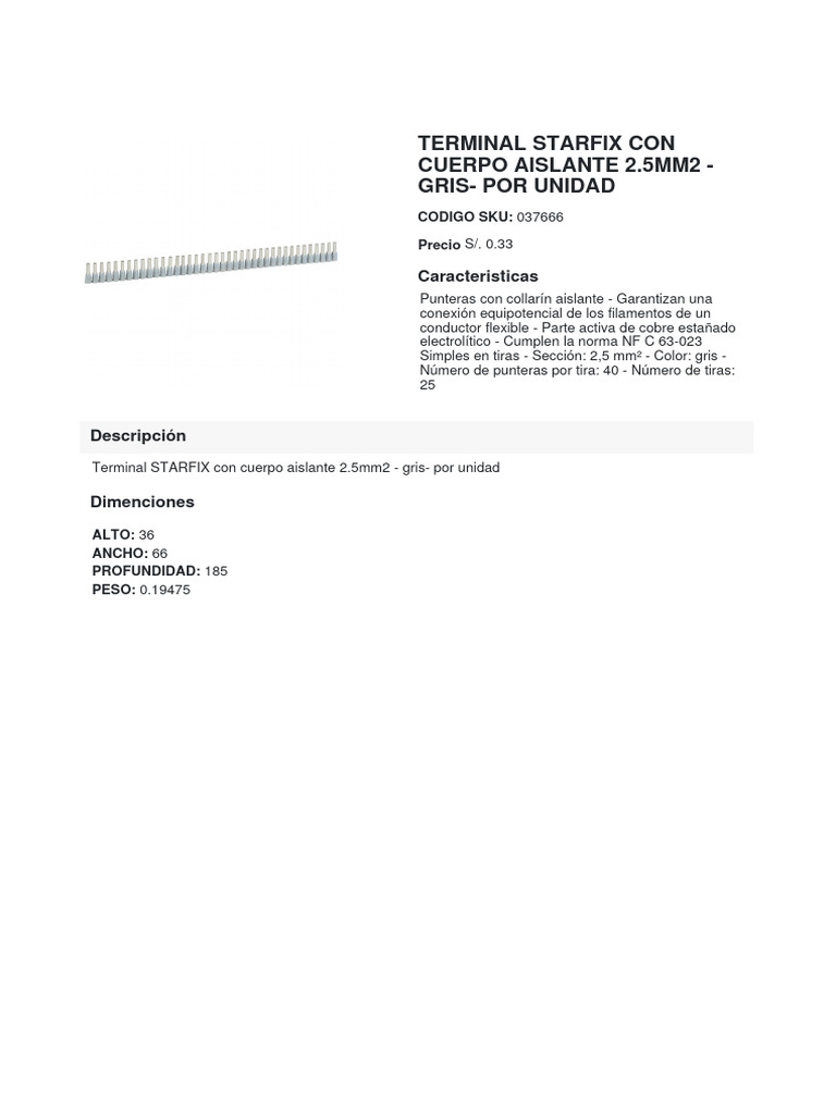 Terminal Starfix Con Cuerpo Aislante 2.5Mm2 - Gris-Por Unidad | PDF