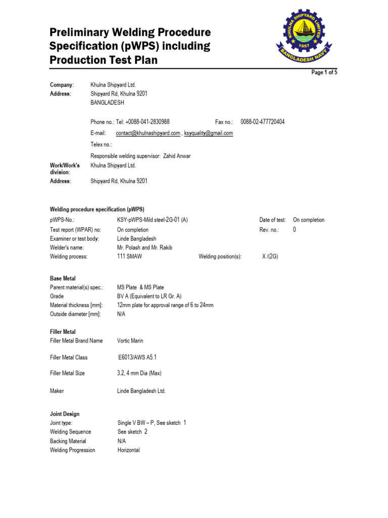 02-KSY PWPS Plate (2G) | PDF | Welding | Construction