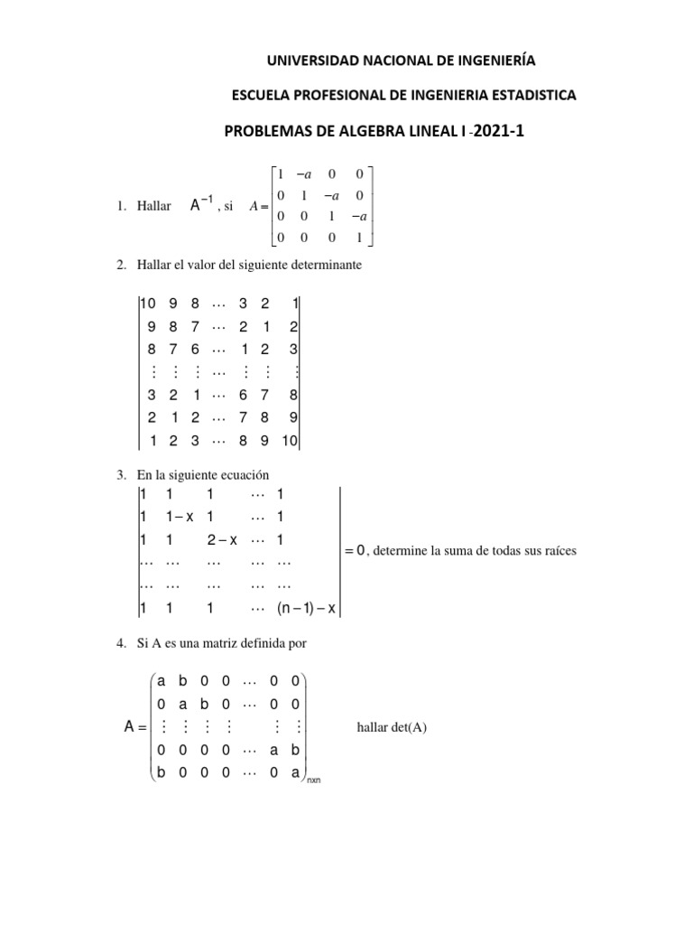 Lista 2-Algebra Lineal I-Ciclo 2021-1 | PDF | Determinante | Conceptos matemáticos
