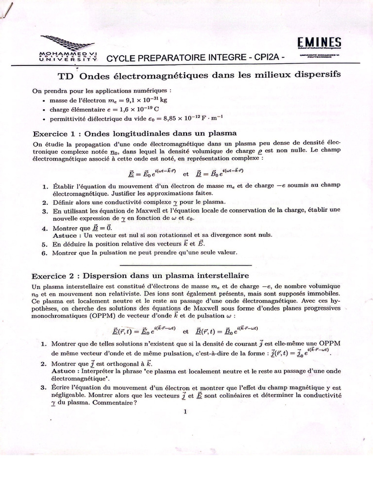 TD Ondes Éléctromagnétiques Dans Un Plasma | PDF